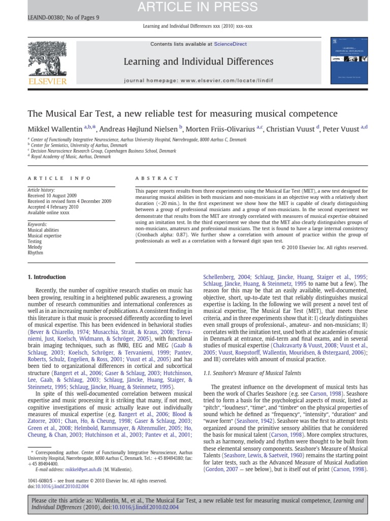 Wallentin 2010 Learning and Individual Differences | PDF | Experiment | Rhythm