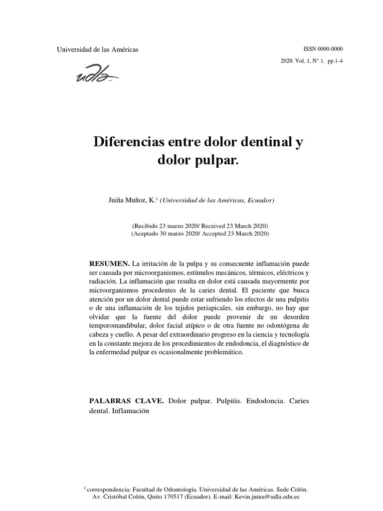 Revisión Bibliográfica Dolor Pulpar | PDF | Diagnostico medico ...