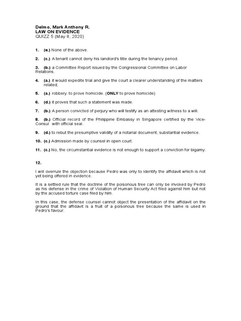 QUIZZ 5 (May 8, 2020) : Delmo, Mark Anthony R. Law On Evidence | PDF