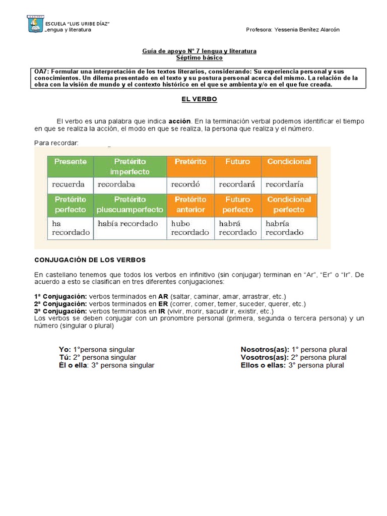 Guia 7 Lenguaje Septimo | PDF | Conjugación gramatical | Verbo