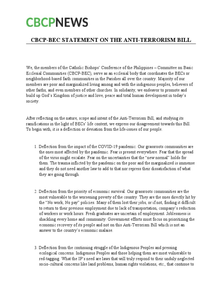 Cbcp-Bec Statement On The Anti-Terrorism Bill | PDF | Counter Terrorism ...