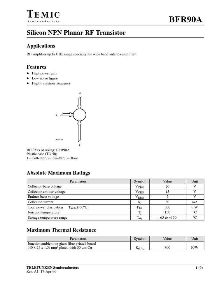 BFR90A: Silicon NPN Planar RF Transistor | PDF | Bipolar Junction ...