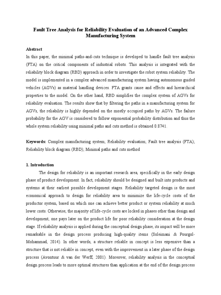 Fault Tree Analysis For Reliability Evaluation of An Advanced Complex Manufacturing System | PDF ...