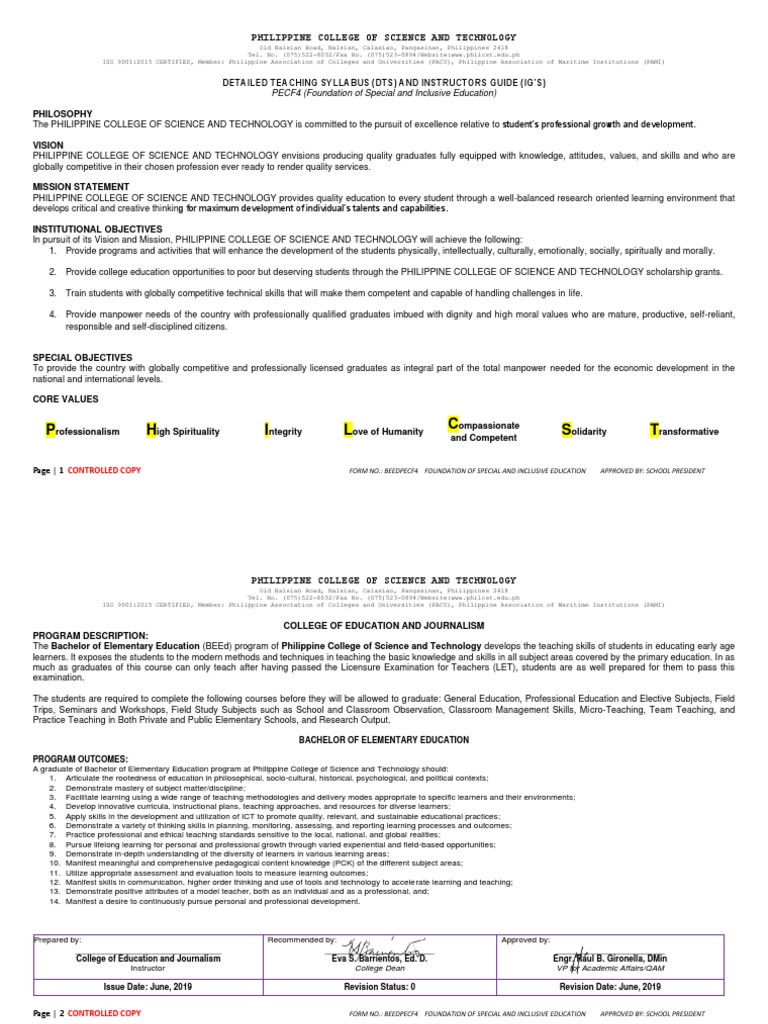 Special and Inclusive Education Syllabus | PDF | Inclusion (Education ...