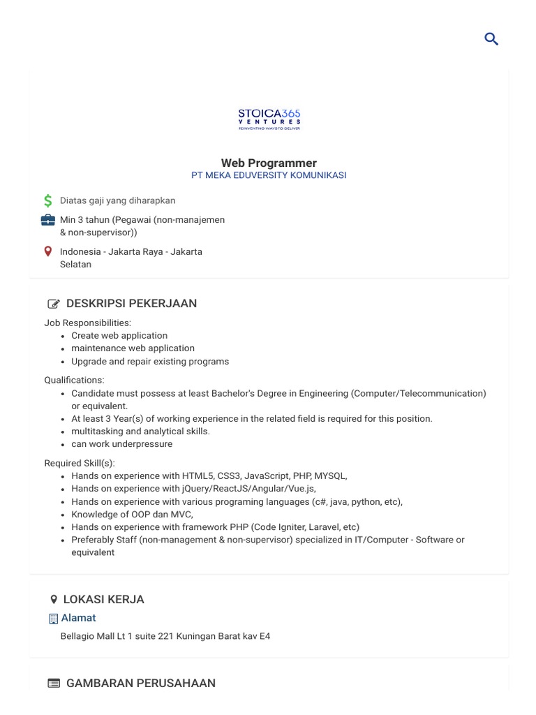 Web Programmer Pekerjaan - PT MEKA EDUVERSITY KOMUNIKASI - 3277016 ...