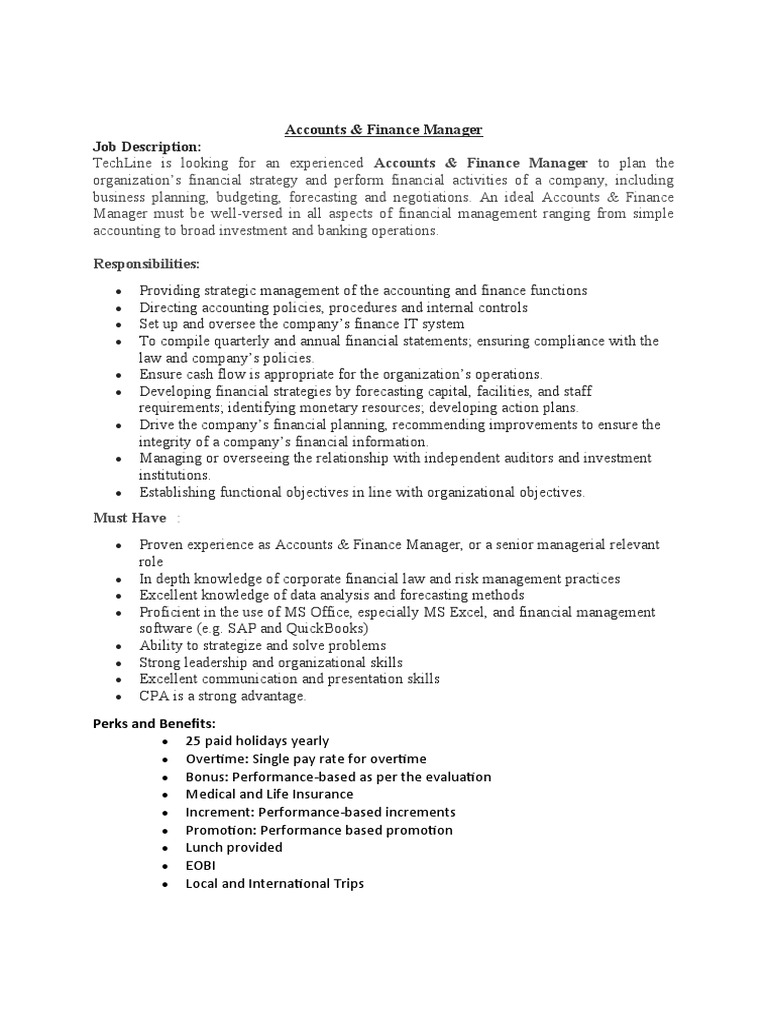 Accounts & Finance Manager JD | PDF