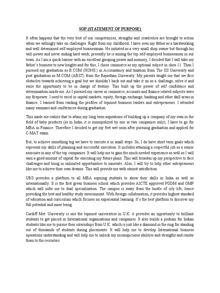 Sample Format of Statement of Purpose For Mba Students | PDF | Master ...