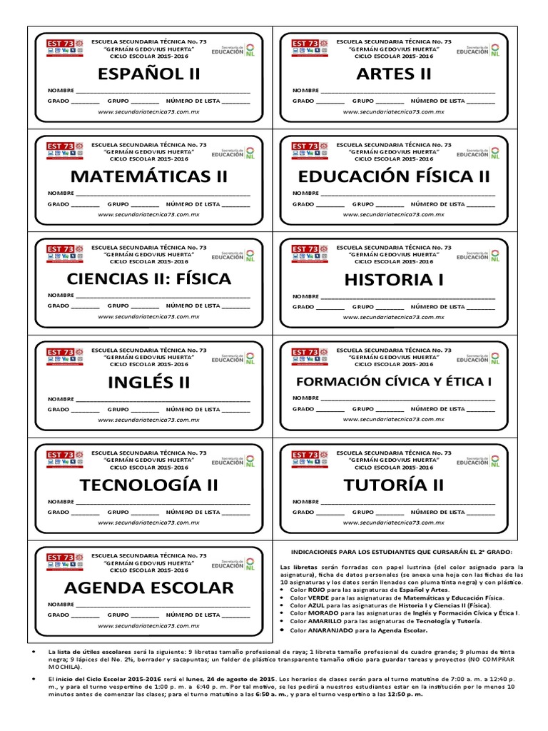 Etiquetas para Libretas 2° Grado | PDF | Educación Secundaria | Color
