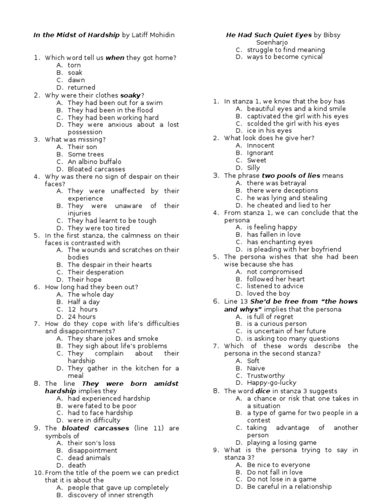 Poems & Short Stories Form 4 | PDF