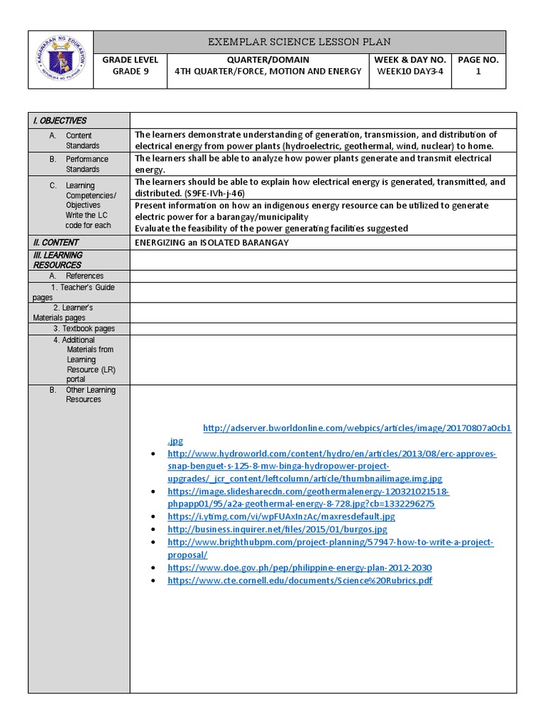 Exemplar Science Lesson Plan: Grade Level Quarter/Domain Week & Day No ...