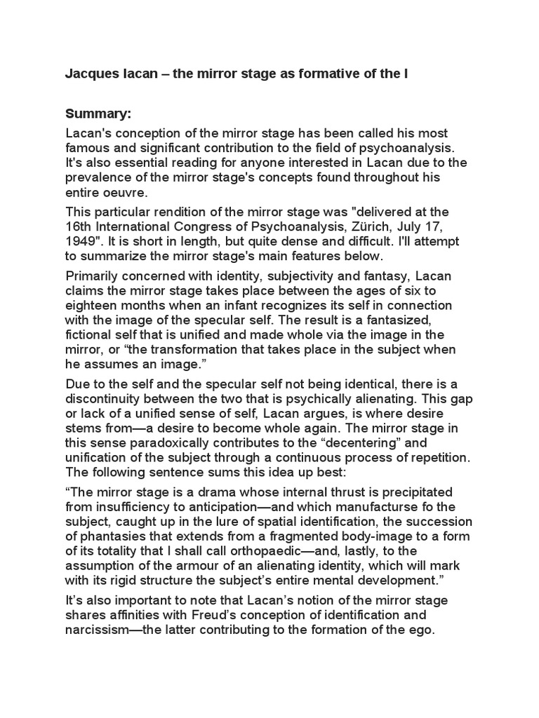 Jacques Lacan - The Mirror Stage As Formative of The I Summary | PDF ...