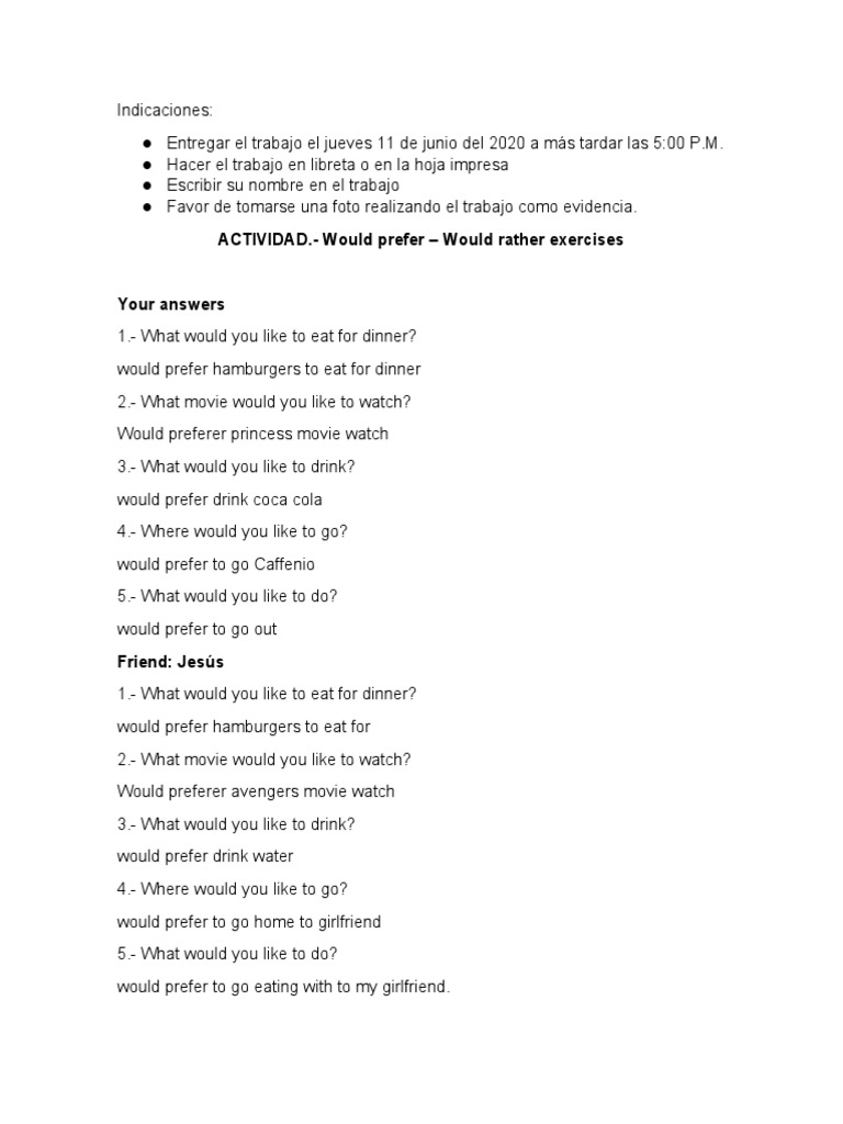 Ingles IV Would Prefer - Would Rather Exercises | PDF