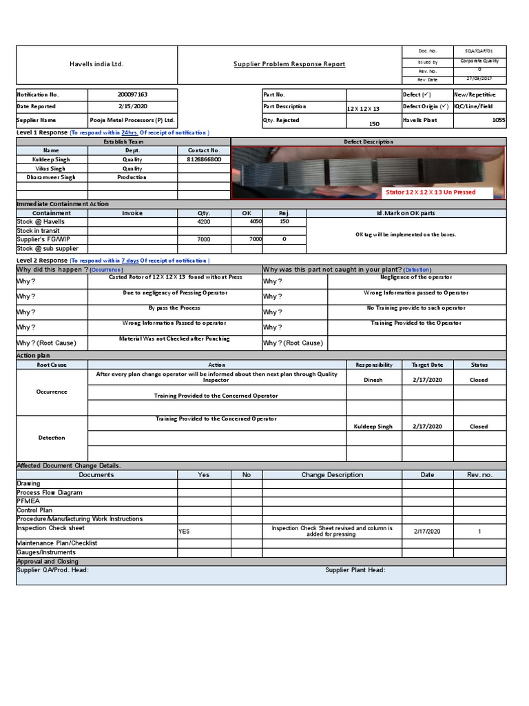 Supplier Problem Response Report Detailing Root Cause Analysis and ...