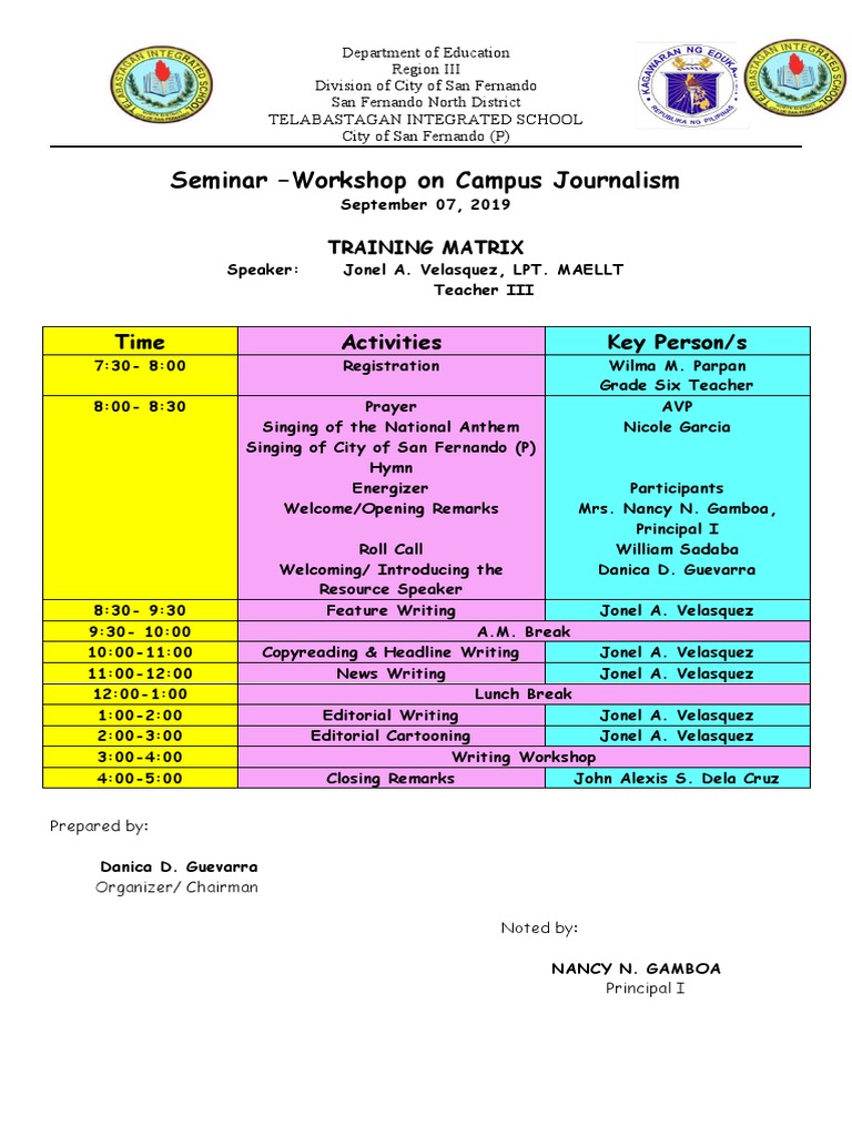 Seminar - Workshop On Campus Journalism: Time Activities Key Person/s | PDF