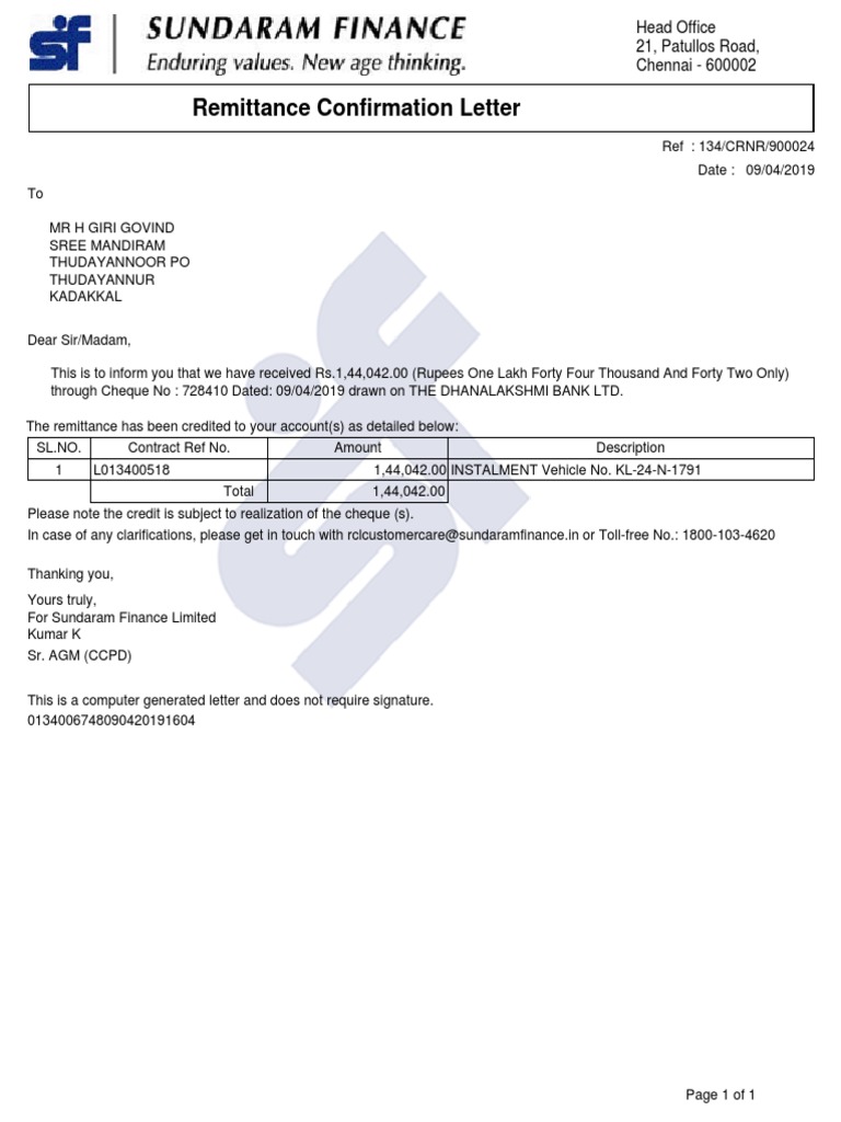 Remittance Confirmation Letter | PDF
