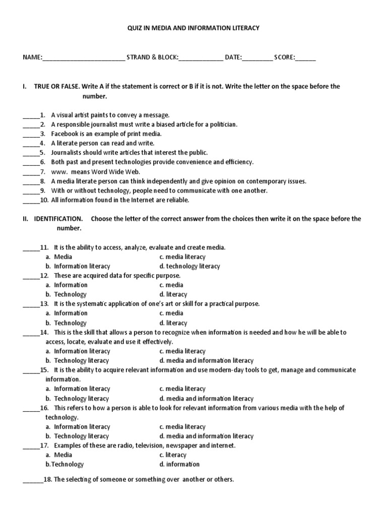 Quiz in Media and Information Literacy | PDF | Information Literacy ...