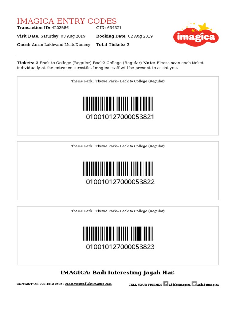 Imagica Entry Codes: Tickets: 3 Back To College (Regular) Back2 College ...