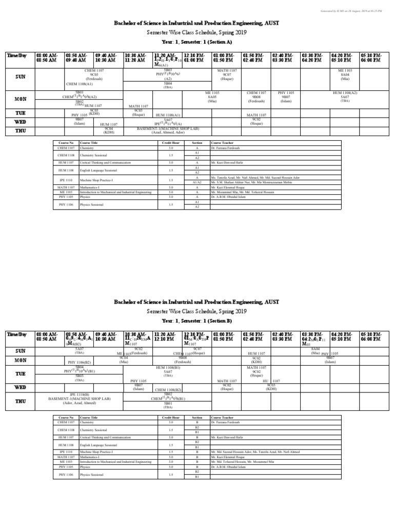 AUST Industrial Engineering Class Schedule | PDF | Electrical ...