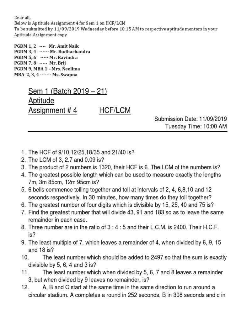 Aptitude Assignment 4 HCF LCM Sem 1 PDF | PDF | Career & Growth | Teaching Methods & Materials