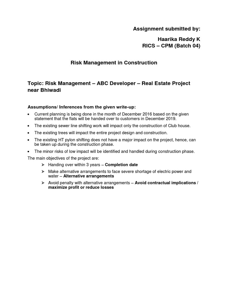 Risk Management Construction - A Real Estate Project - Case Study | PDF ...