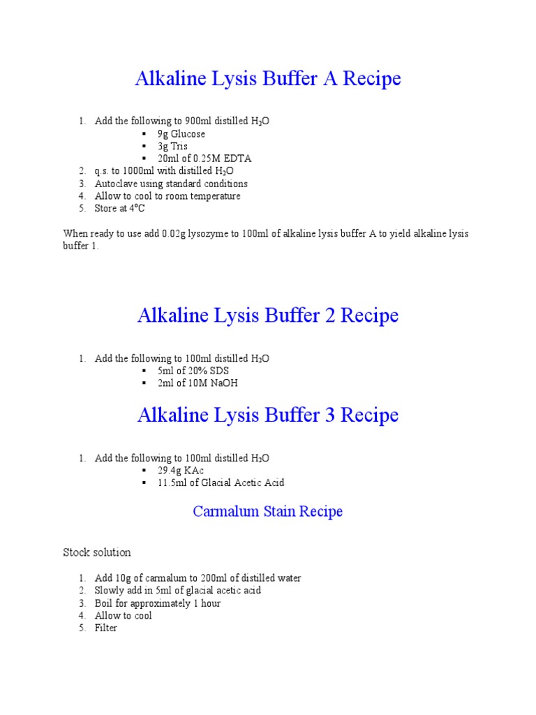 Alkaline Lysis Buffer A Recipe | PDF | Buffer Solution | Chemical ...