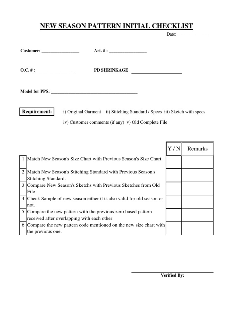 New Season Pattern Initial Checklist: Requirement | PDF