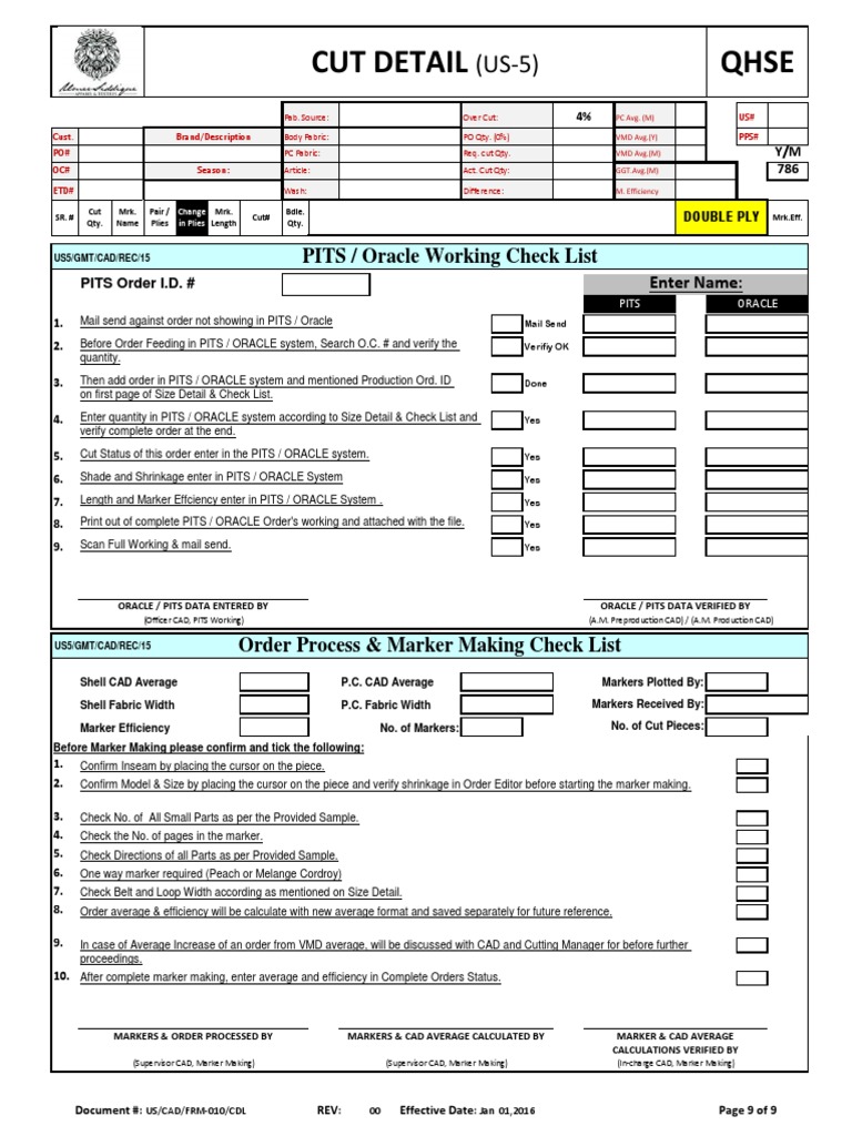Cut Detail and Production Process Checklist for Order US-5 | PDF | Computing | Computing And ...