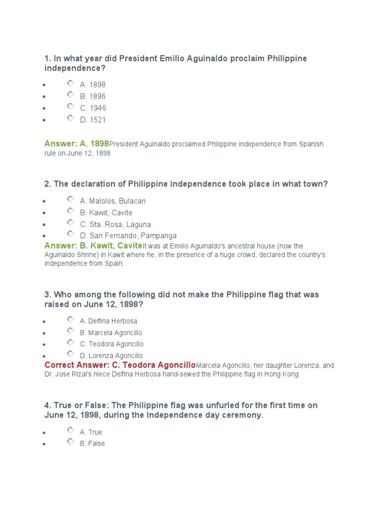 Philippine Independence Day Quiz Answers | PDF | Philippines ...