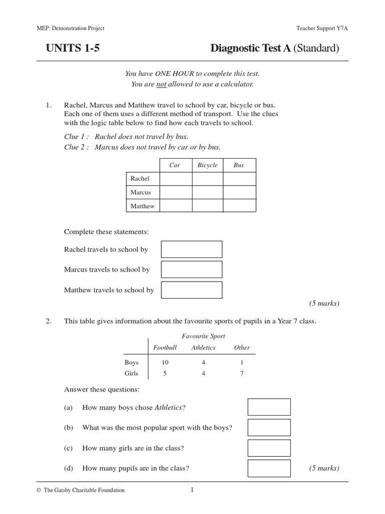 UNITS 1-5 Diagnostic Test A (Standard) : You Have ONE HOUR To Complete ...