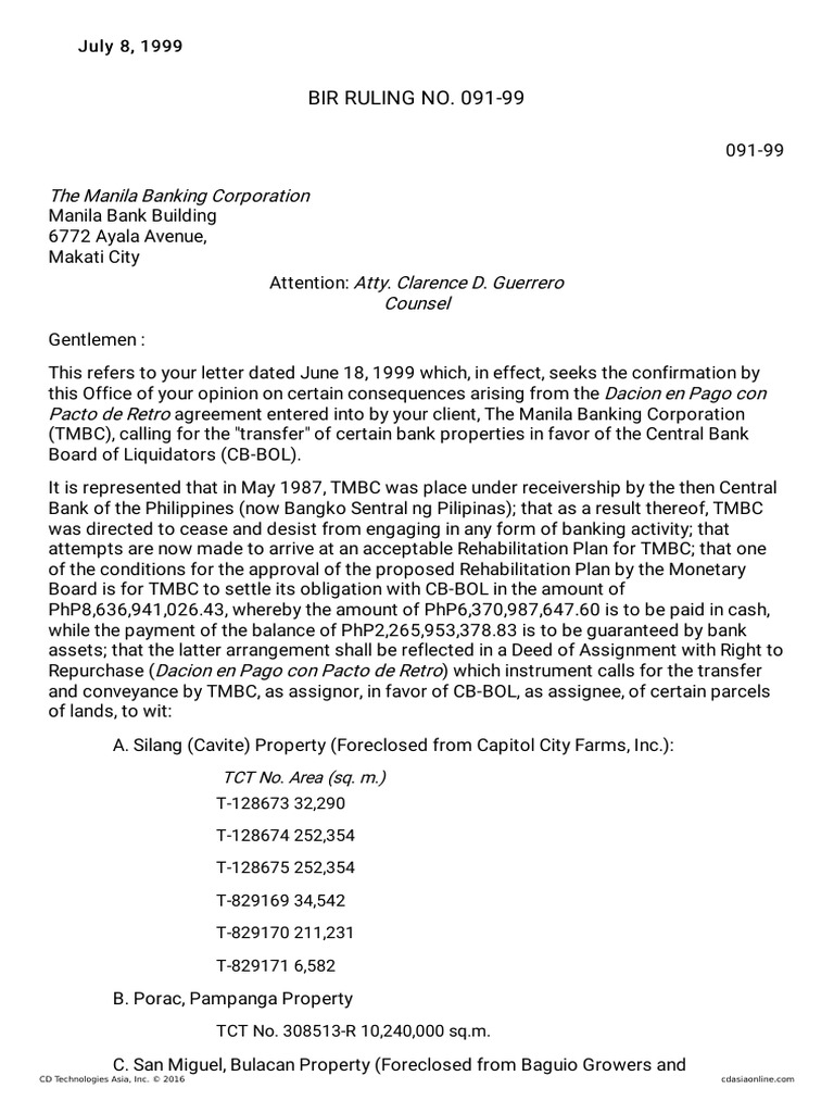 7580-1999-Bir Ruling No. 091-99 PDF | PDF | Mortgage Law | Capital ...