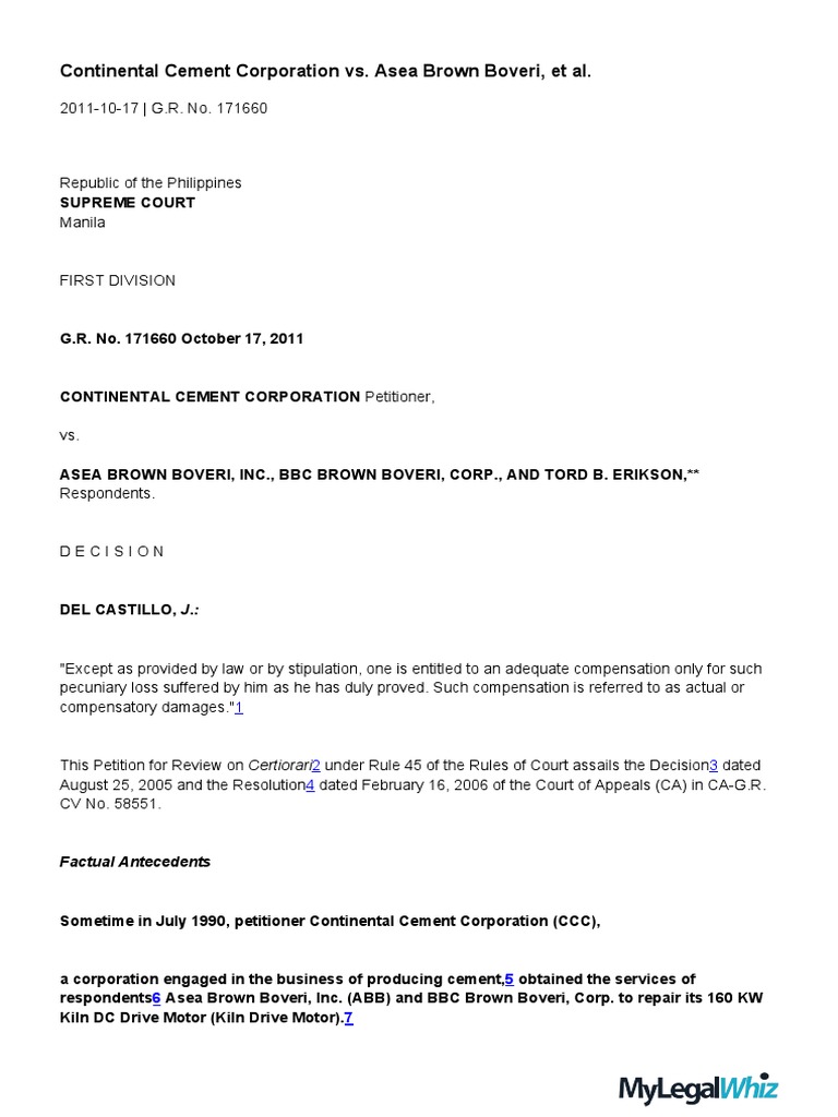 Continental Cement Corporation v. Asea Brown Boveri PDF | PDF | Damages | Attorney's Fee