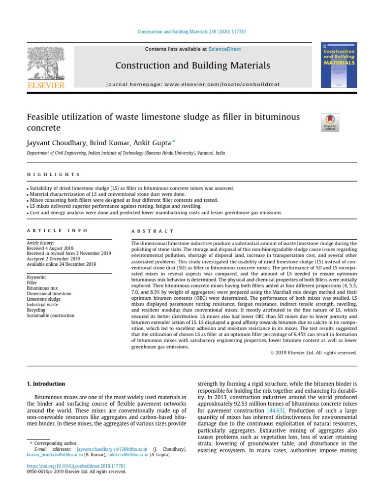 Feasible Utilization of Waste Limestone Sludge As Filler in Bituminous ...
