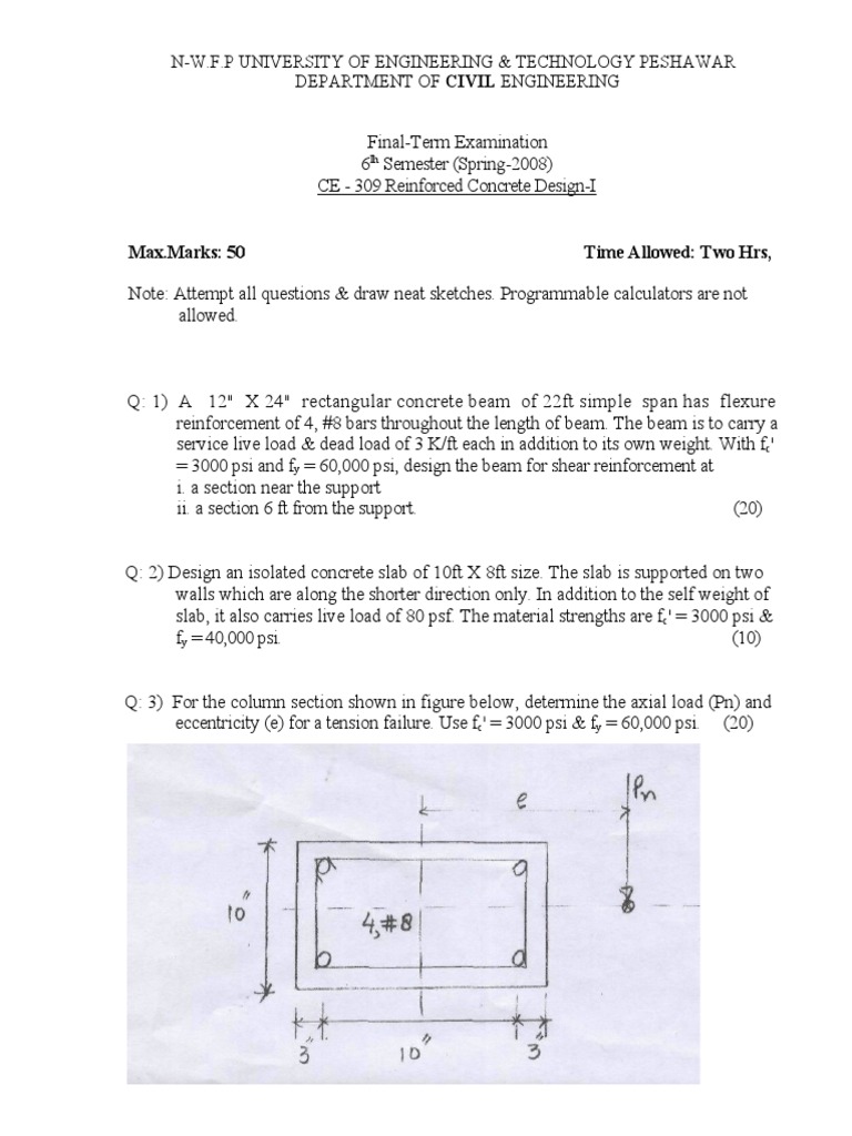 CE 309 Reinforced Concrete Design I Final 6th SEM | PDF