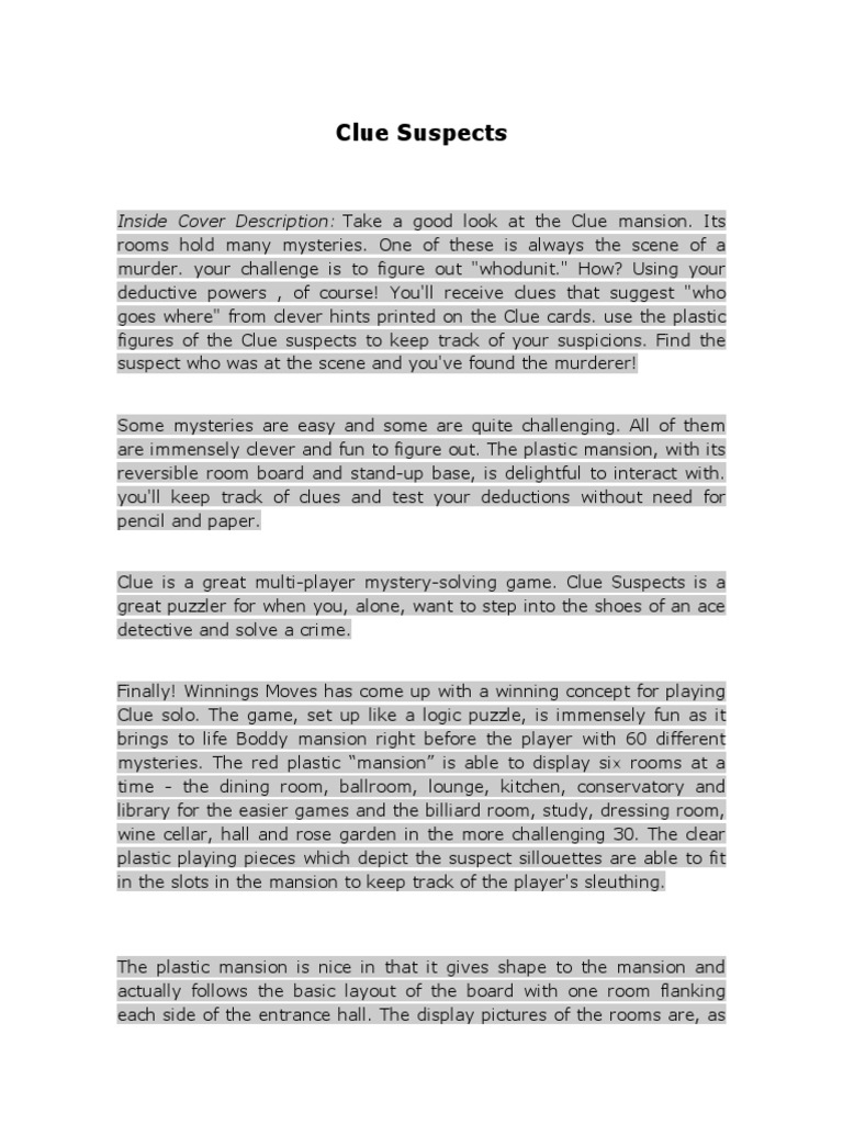 Clue Suspects: Inside Cover Description: Take A Good Look at The Clue ...