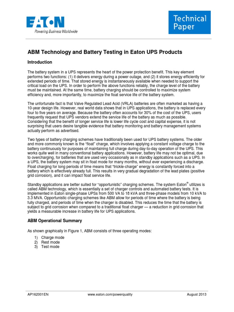 ABM Technology and Battery Testing in Eaton UPS Products: AP162001EN ...