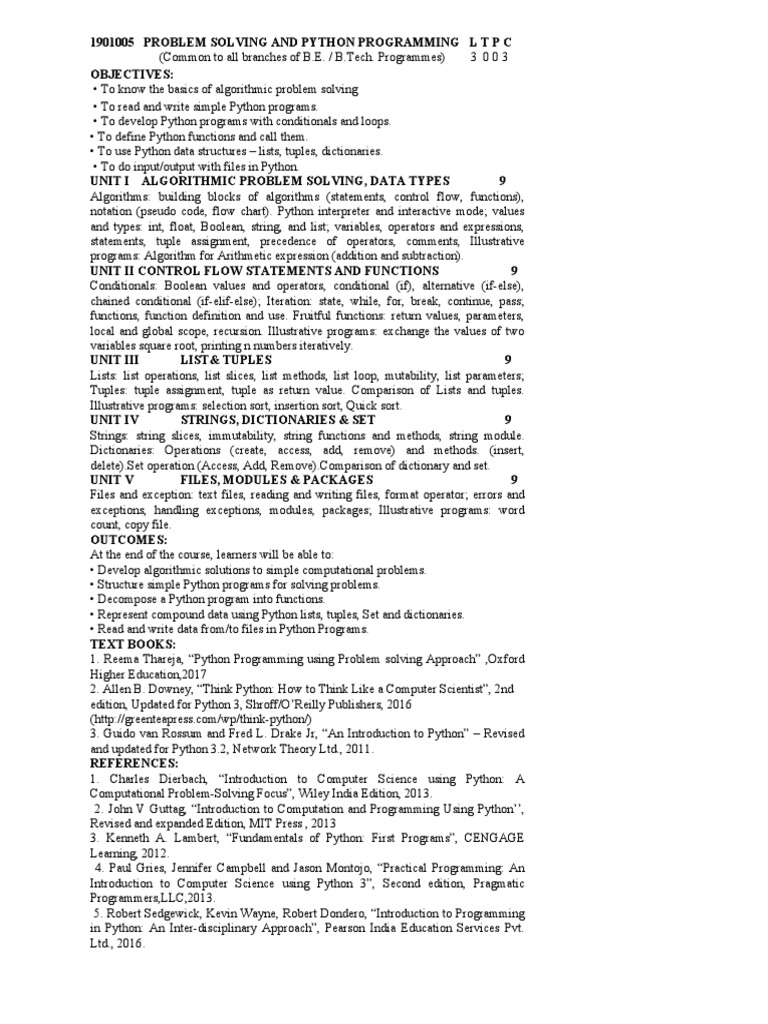 Problem Solving And Python Programming L T P C Log Pdf Control Flow Parameter Computer