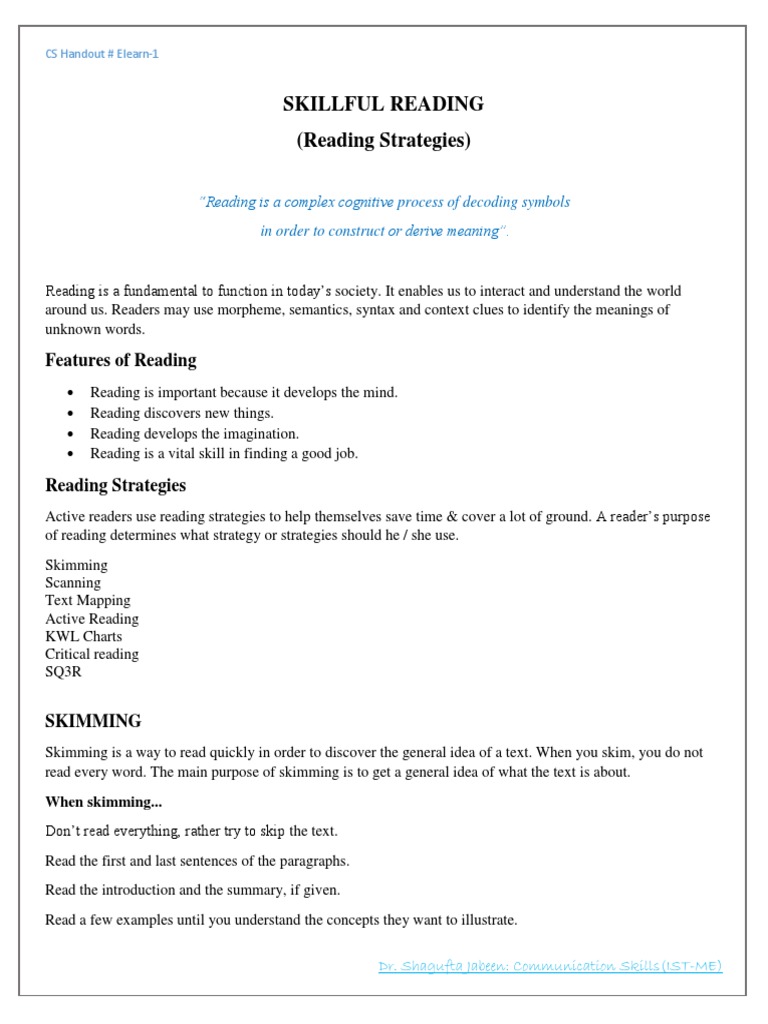 Reading - Handout | PDF | Speed Reading | Applied Psychology