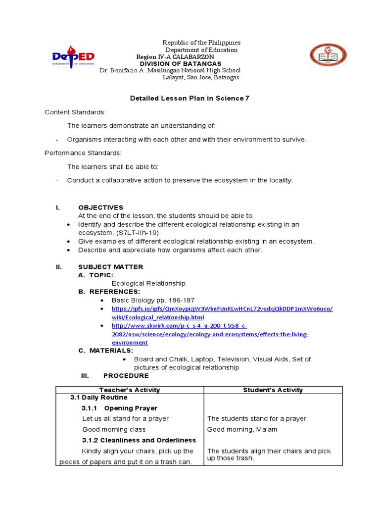 Lesson Plan Ecological Relationship | PDF | Ecology | Biological ...