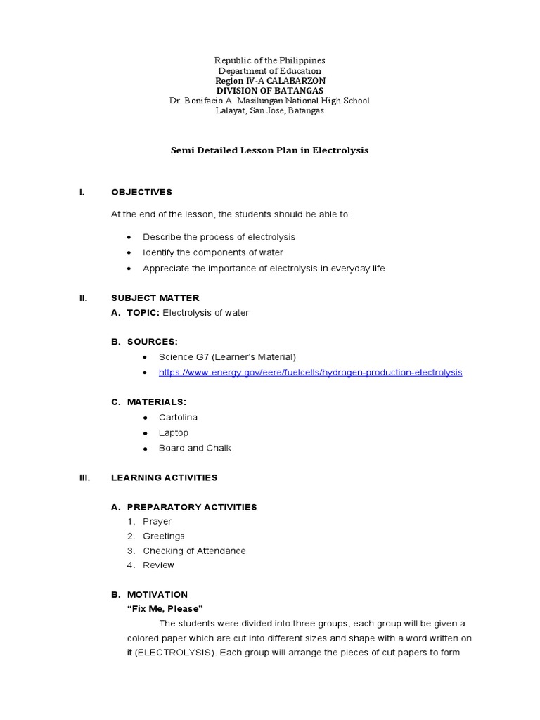 Semi Detailed Lesson Plan in Electrolysis: Division of Batangas | PDF ...