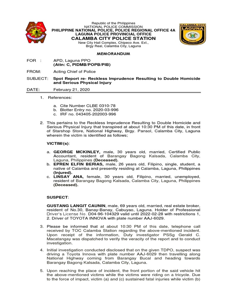 Calamba City Police Station: Memorandum | PDF | Law Enforcement | Crime ...