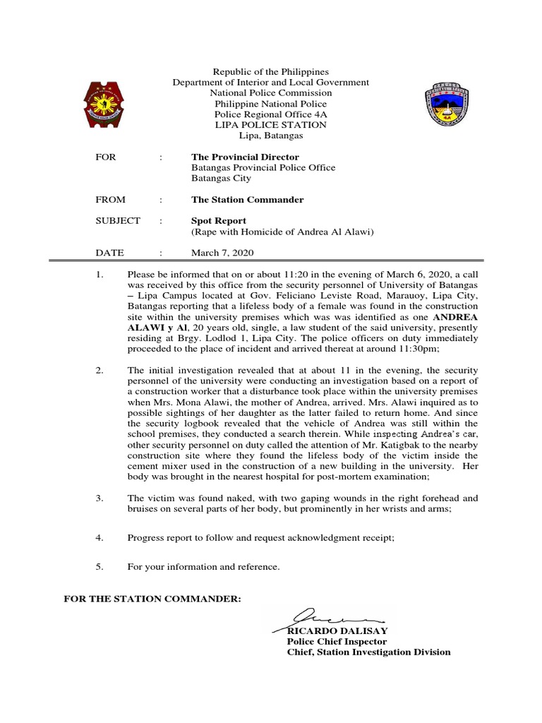 Spot Report: Rape and Homicide Case | PDF | Police | Law Enforcement