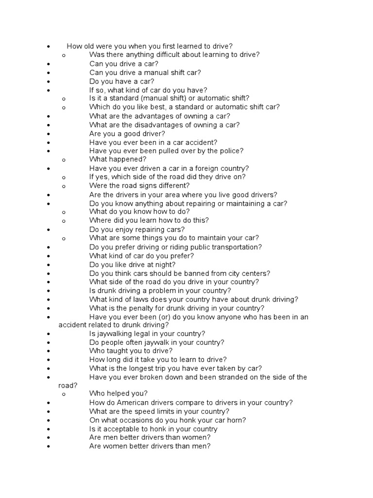 Cars Speaking Questions | PDF | Car | Road Transport