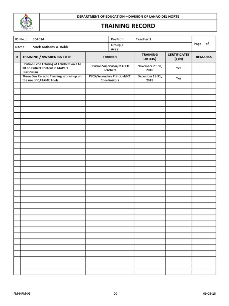 Training Record: ID No.: 304014 Position: Teacher 1 Page of Name: Mark ...