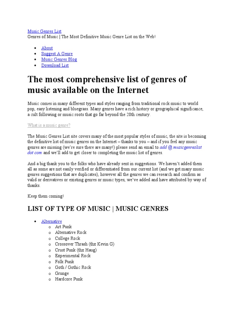 List of Type of Music I Music Genres | PDF | Rock Music | Jazz