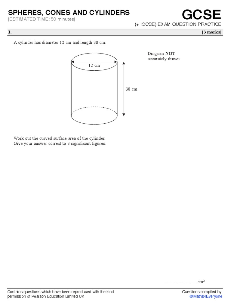 Spheres, Cones and Cylinders: 1. (3 Marks | PDF | Area | Sphere