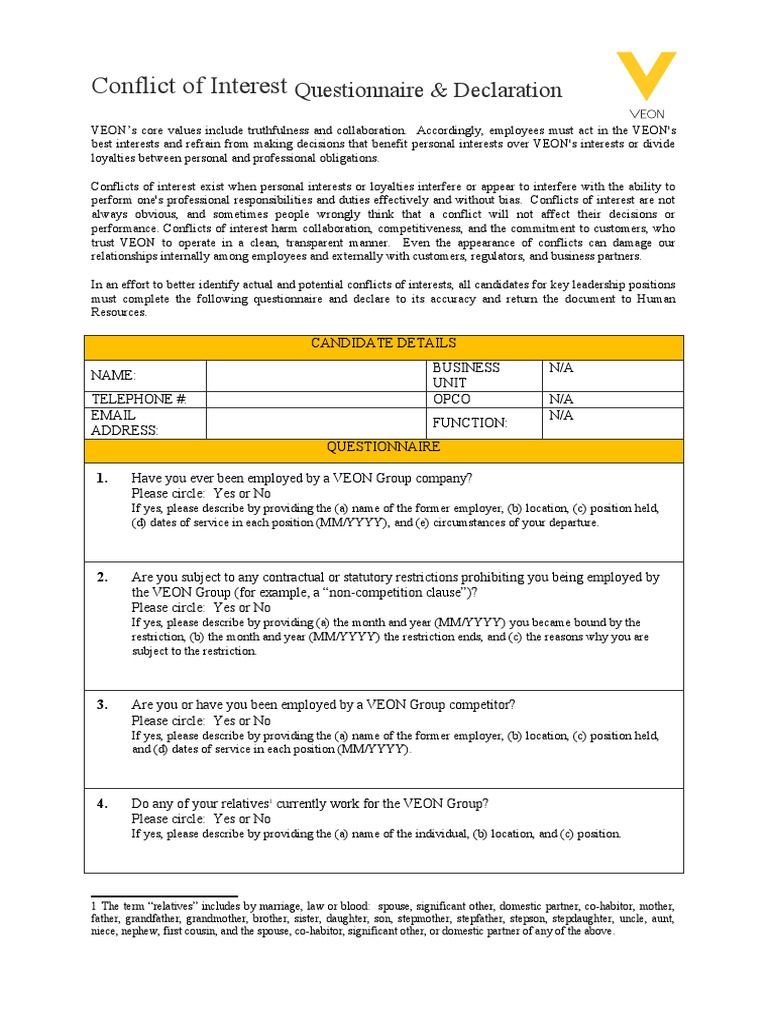 Conflict of Interest Questionnaire & Declaration | PDF | Conflict Of Interest | Family
