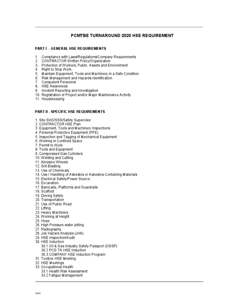 PCMTBE Turn Around 2020 Specific HSE Requirements v3 PDF | PDF ...