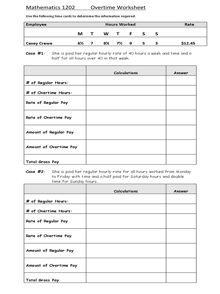 Mathematics 1202 Overtime Worksheet: M T W T F S S | PDF | Overtime ...