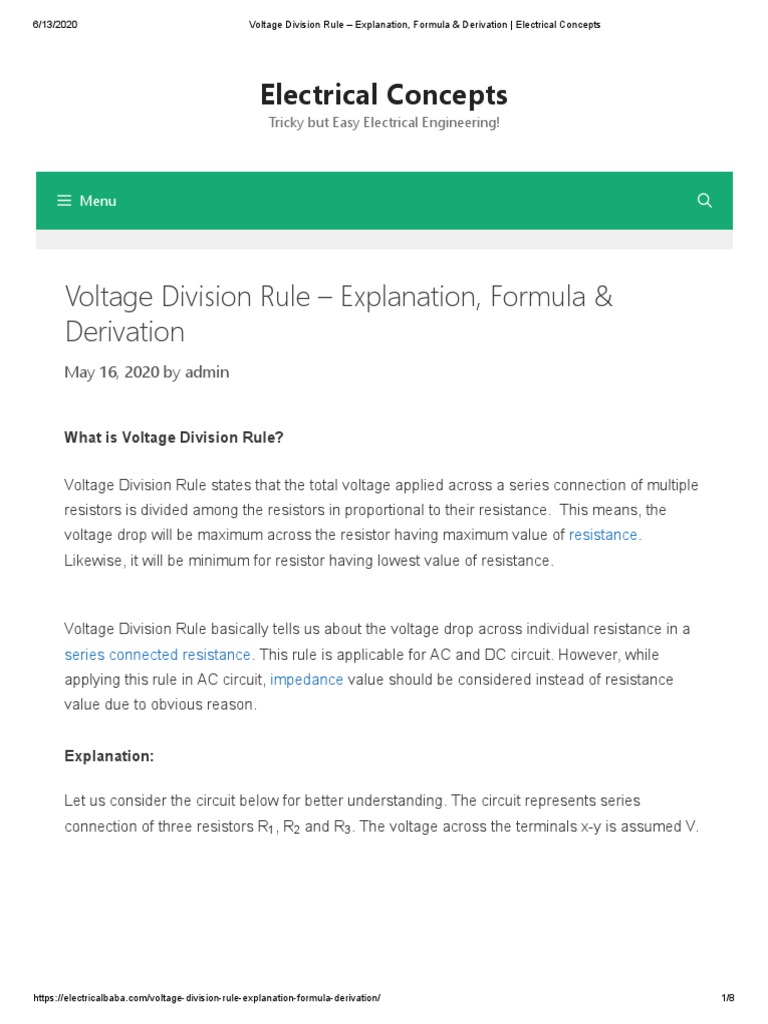 Voltage Division Rule - Explanation, Formula & Derivation - Electrical ...