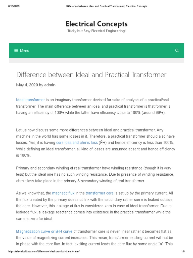 Difference Between Ideal and Practical Transformer - Electrical Concepts | PDF | Transformer ...